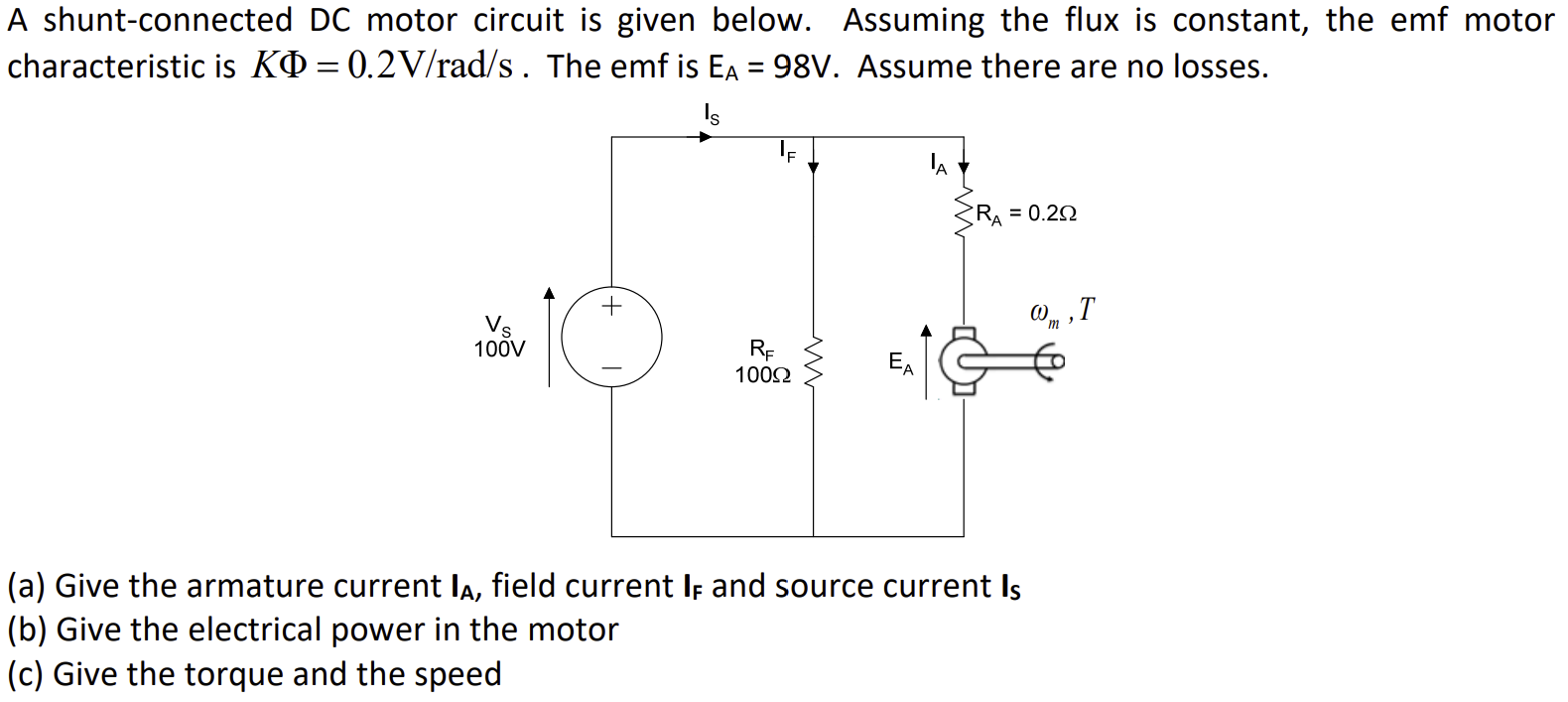 Solved A shunt-connected DC motor circuit is given below. | Chegg.com