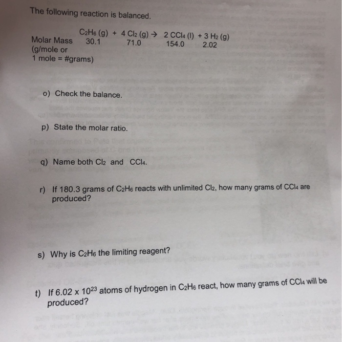 Solved The following reaction is balanced. CaHe (g) + 4 C2 | Chegg.com