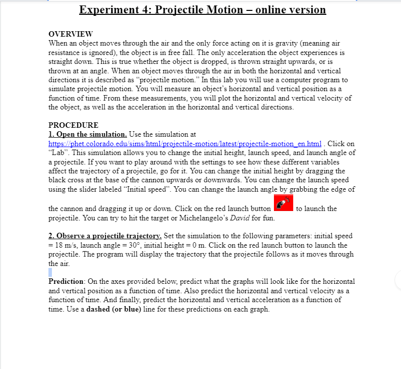 Experiment 4: Projectile Motion - online version | Chegg.com