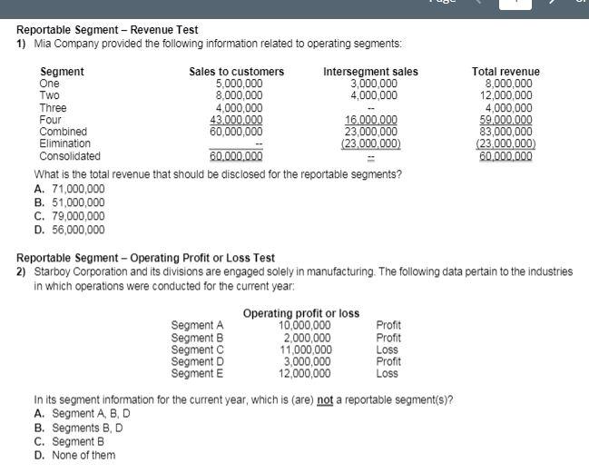 Solved Reportable Segment - Revenue Test 1) Mia Company | Chegg.com