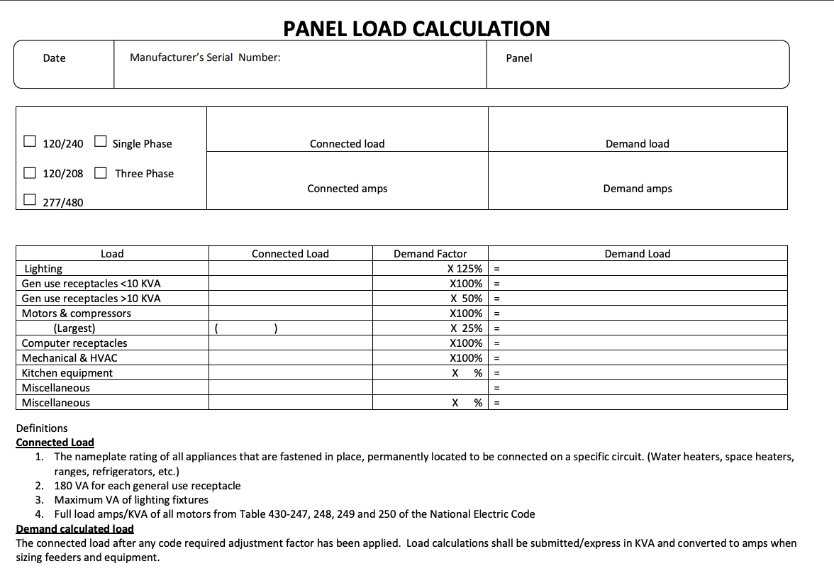 Solved SINGLE PHASE PANEL SCHEDULEDefinitions Connected Load | Chegg.com