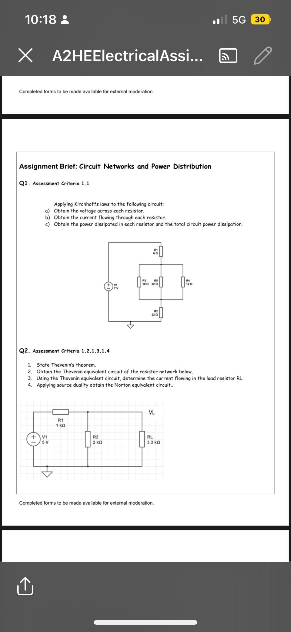 Solved Assignment Brief: Circuit Networks and Power | Chegg.com