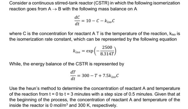 Consider a continuous stirred-tank reactor (CSTR) in | Chegg.com