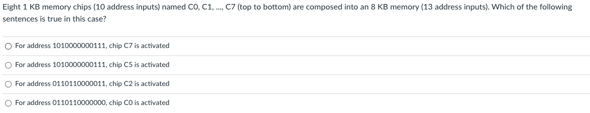 Solved Eight 1 KB memory chips (10 address inputs) named C0, | Chegg.com