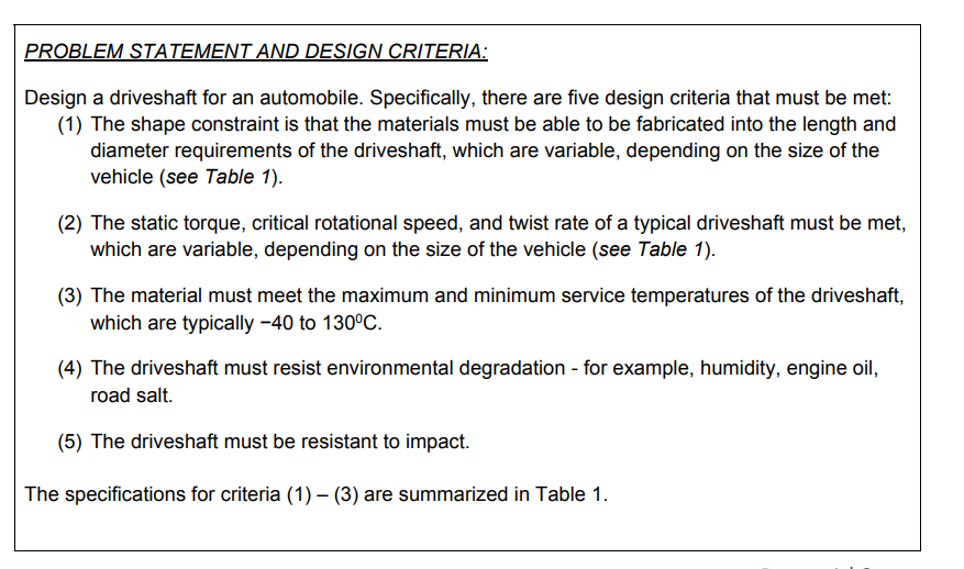 PROBLEM STATEMENT AND DESIGN CRITERIA: Design a | Chegg.com