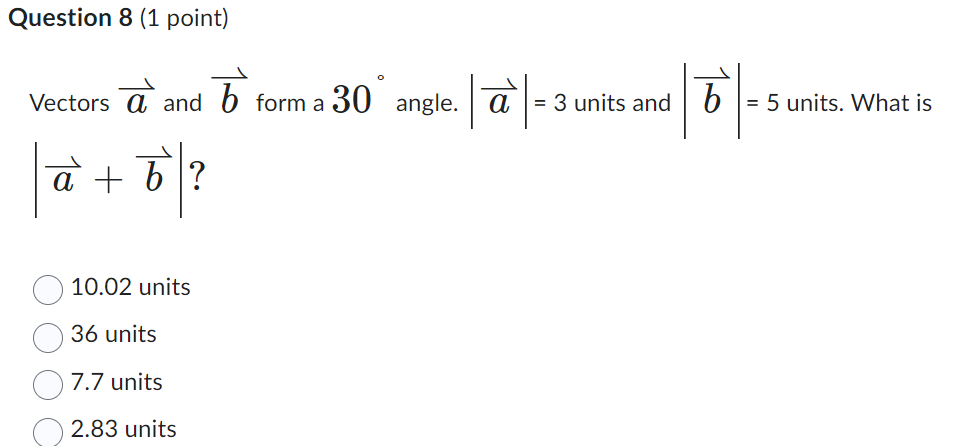 Solved Question 8 (1 ﻿point)Vectors vec(a) ﻿and vec(b) ﻿form | Chegg.com