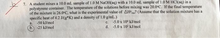 Solved A student mixes a 10.0 mL sample of 1.0 M NaOH(aq) | Chegg.com
