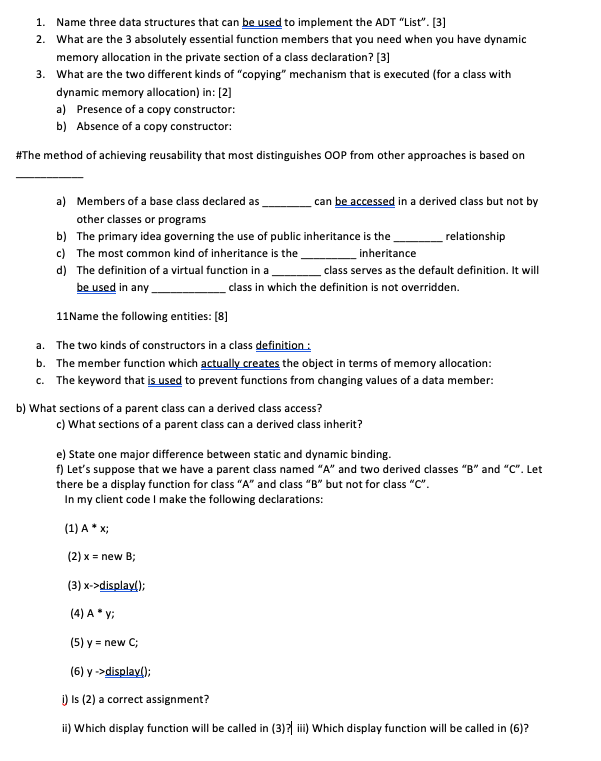 Solved 1. 2. Name three data structures that can be used to | Chegg.com