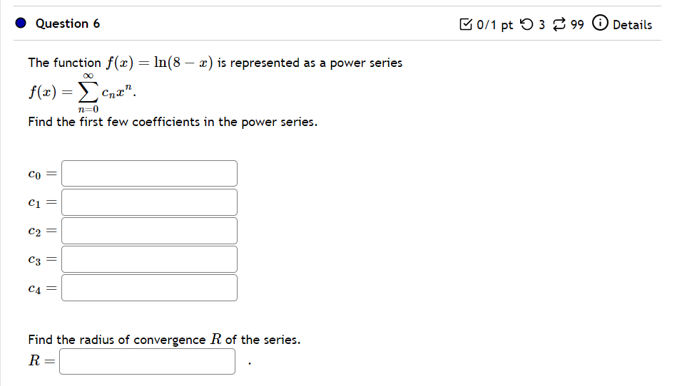 Solved The function f(x)=ln(8−x) is represented as a power | Chegg.com