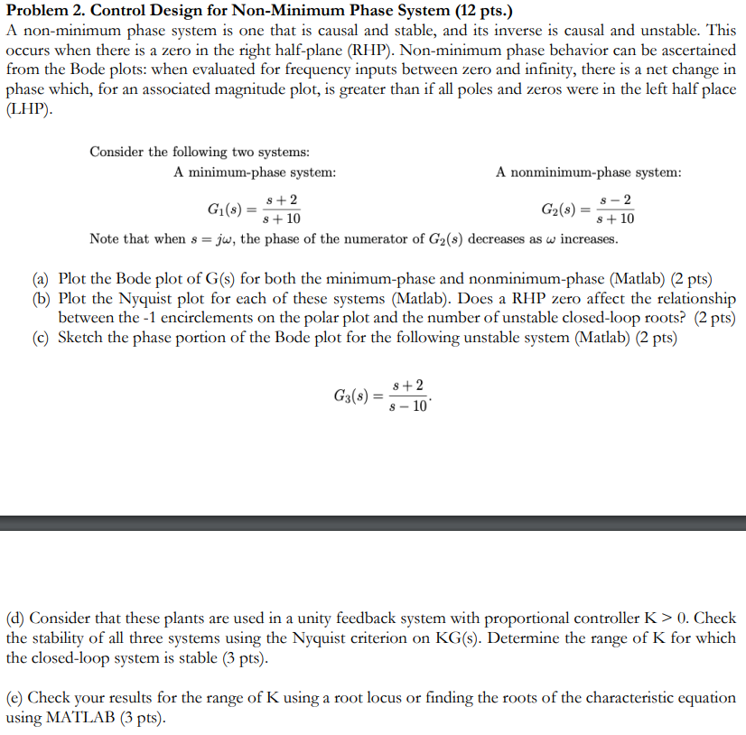 Solved Problem 2. Control Design for Non-Minimum Phase | Chegg.com
