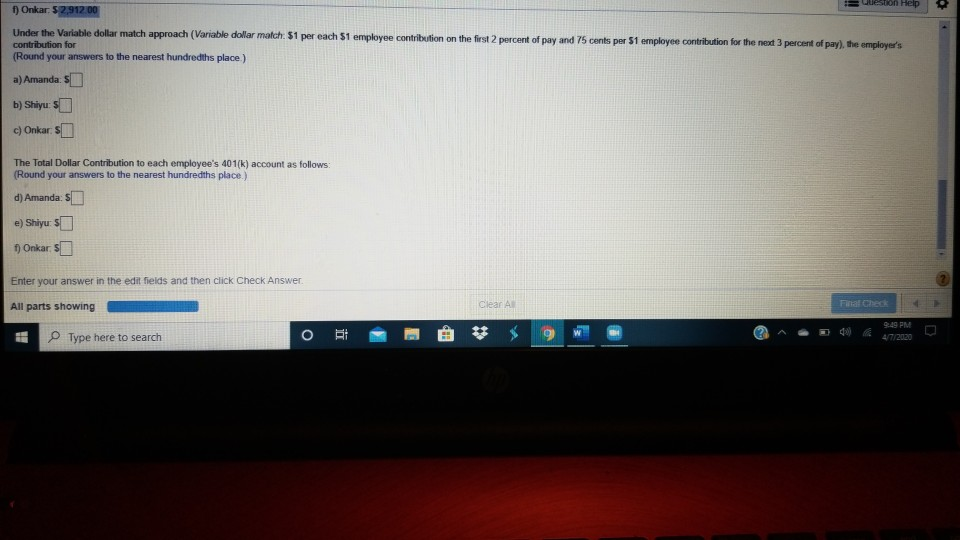 Calculating 401(k) Matching Contributions Companies | Chegg.com