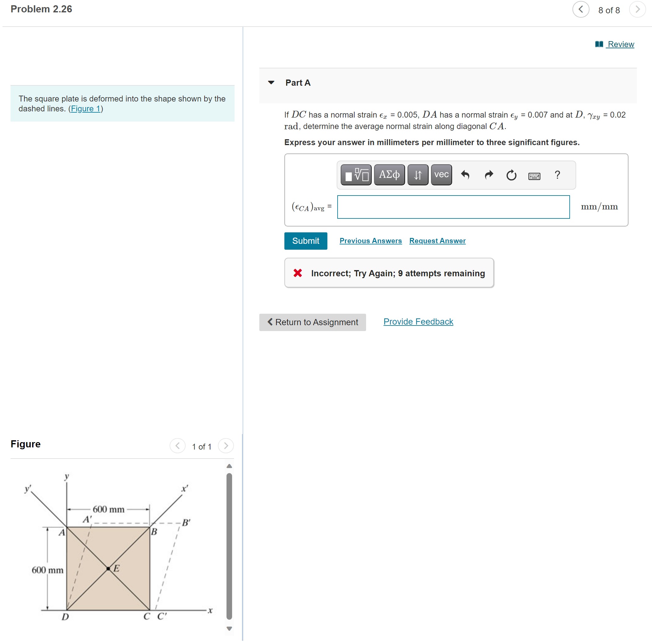 Solved Part AThe square plate is deformed into the shape | Chegg.com