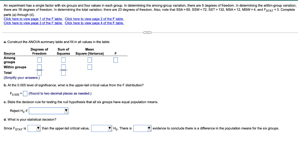 Solved An experiment has a single factor with six groups and | Chegg.com