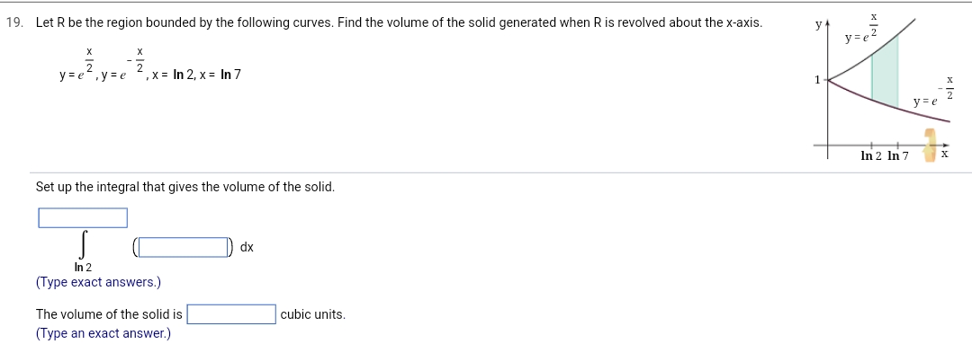 Solved y=e2x,y=e−2x,x=ln2,x=ln7 Set up the integral that | Chegg.com