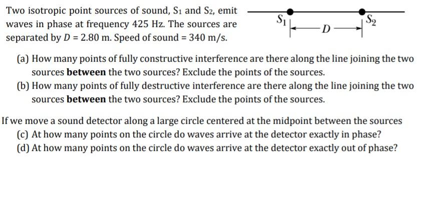Solved Two isotropic point sources of sound, S1 and S2, emit | Chegg.com