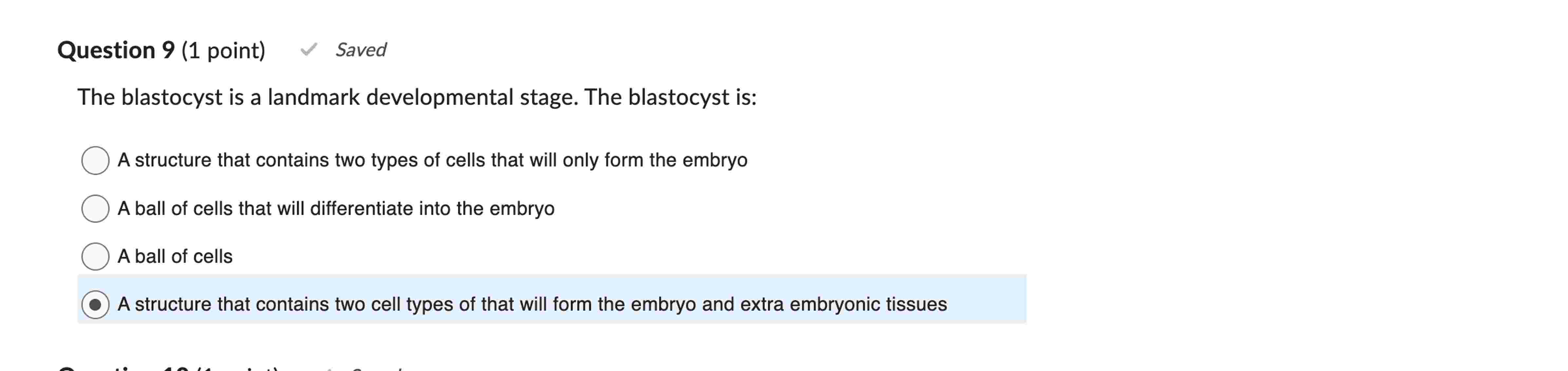 Solved Question 9 (1 ﻿point)The blastocyst is a landmark | Chegg.com