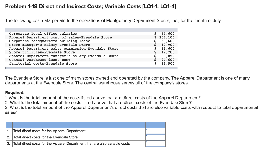Solved Problem 1-18 Direct and Indirect Costs; Variable | Chegg.com