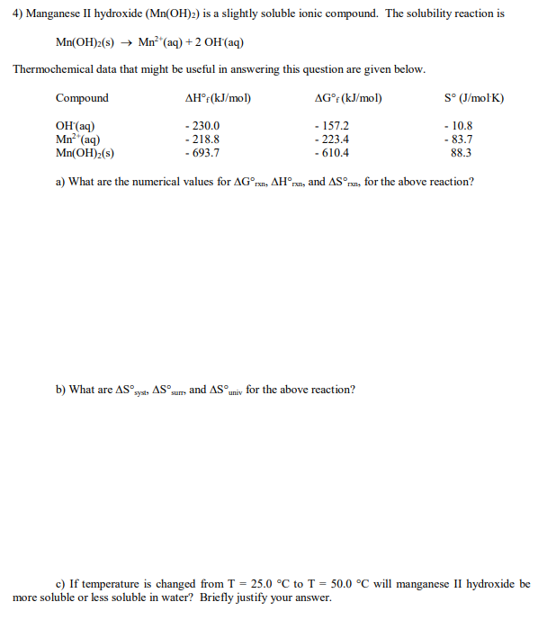 Solved 4) Manganese II hydroxide (Mn(OH)2) is a slightly | Chegg.com