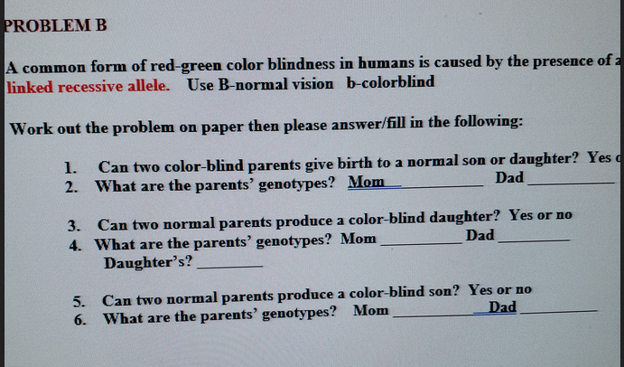 Solved PROBLEM B A common form of red-green color blindness | Chegg.com