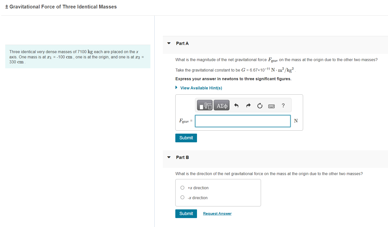Solved \pm Gravitational Force of Three Identical Masses | Chegg.com