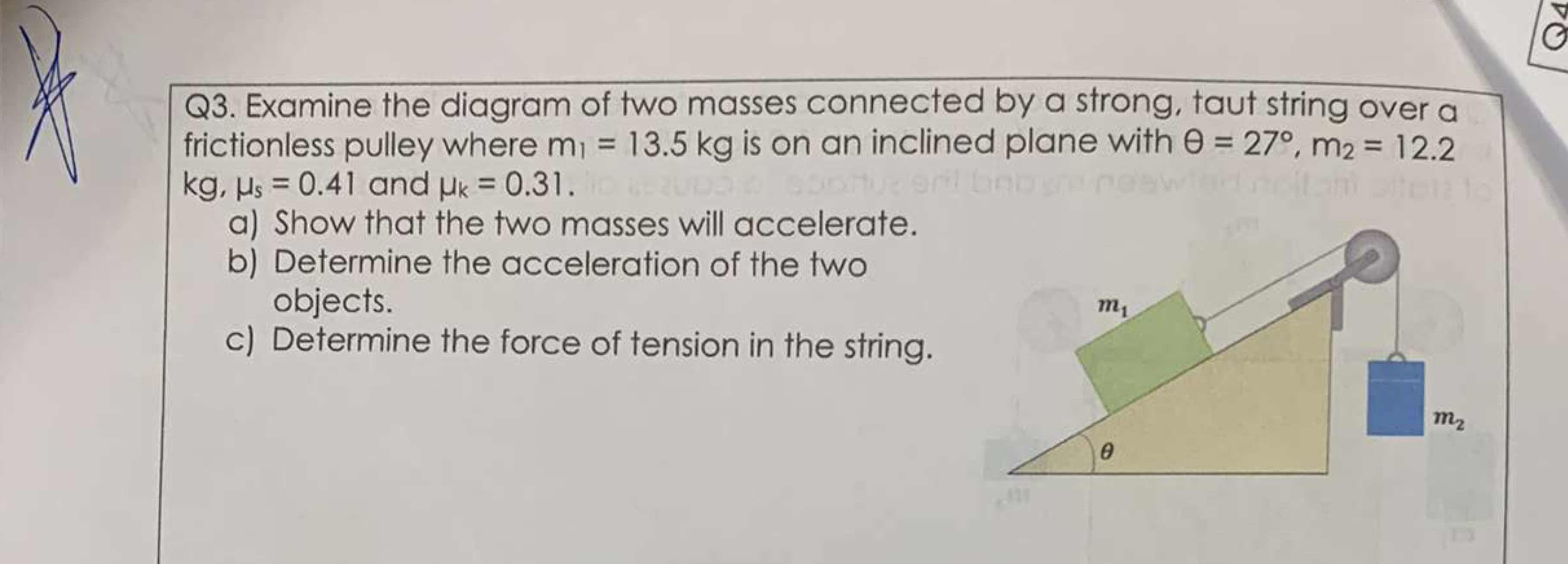 Solved Q3. ﻿Examine the diagram of two masses connected by a | Chegg.com