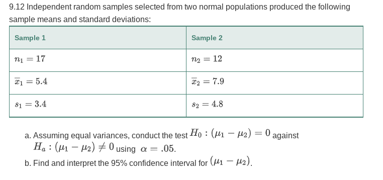 Solved 9.12 Independent random samples selected from two | Chegg.com