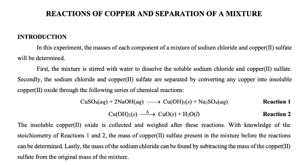Solved REACTIONS OF COPPER AND SEPARATION OF A MIXTURE | Chegg.com