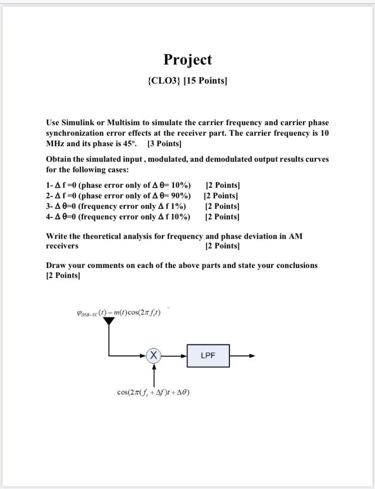 Project {CLO3} [15 Points] Use Simulink or Multisim | Chegg.com