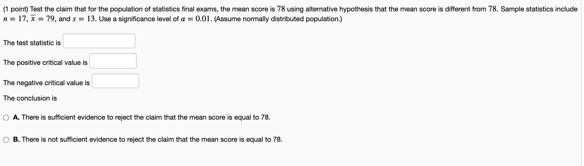 Solved (1 point) Test the claim that for the population of | Chegg.com
