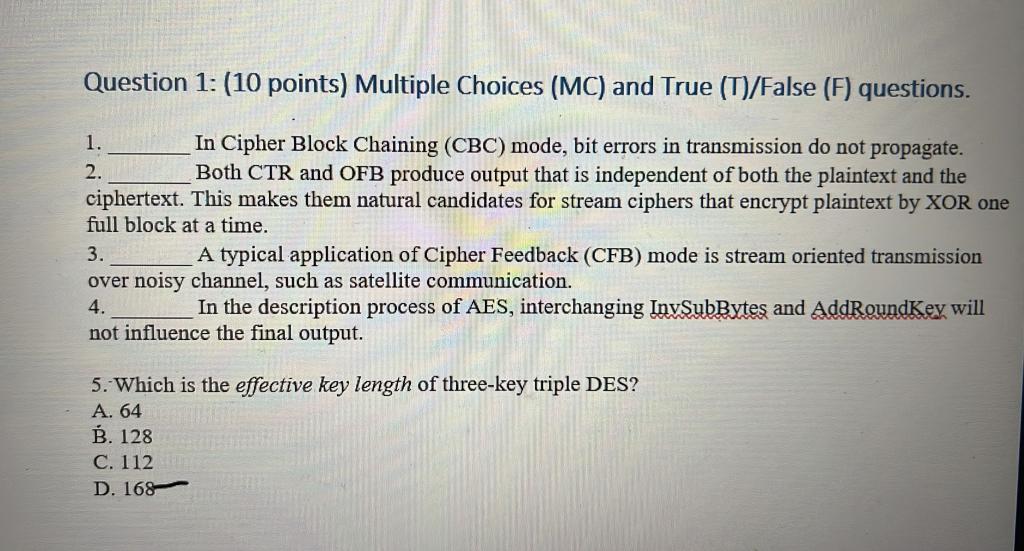 Solved Question 1: (10 points) Multiple Choices (MC) and | Chegg.com