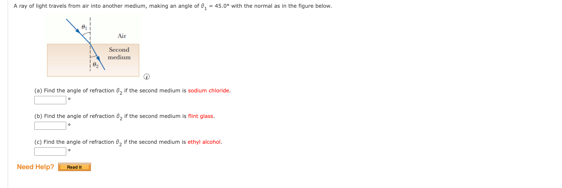Solved of light travels from air into another medium, making | Chegg.com
