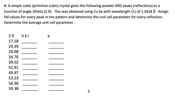 Solved 8. A simple cubic (primitive cubic) crystal gives the | Chegg.com