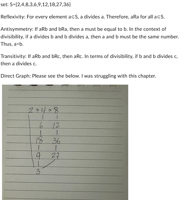 Solved set: S={2,4,8,3,6,9,12,18,27,36}Reflexivity: For | Chegg.com