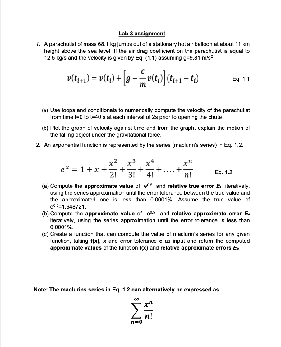 Lab 3 assignment 1. A parachutist of mass 68.1 kg | Chegg.com