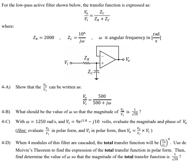 Solved For the low-pass active filter shown below, the | Chegg.com