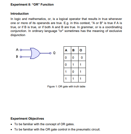 Solved Experiment 8: "OR" Function Introduction In logic and | Chegg.com