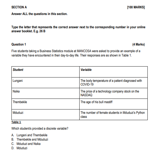Solved SECTION A [100 MARKS] Answer ALL the questions in | Chegg.com