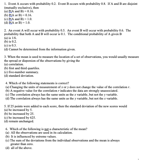 Solved 1. Event A occurs with probability 0.2. Event B | Chegg.com