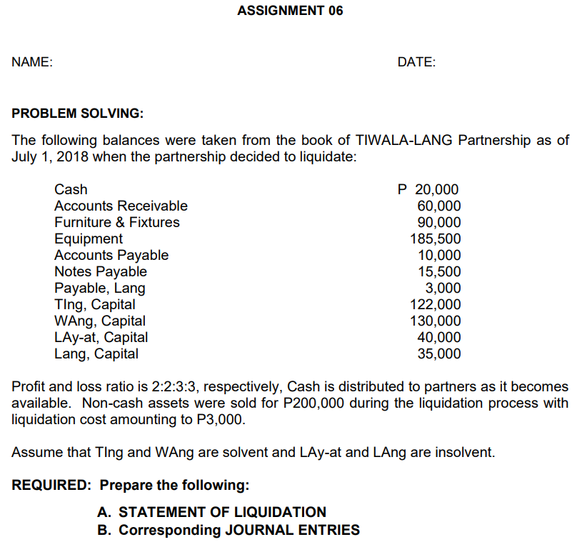 Solved ASSIGNMENT 06 NAME: DATE: PROBLEM SOLVING: The | Chegg.com