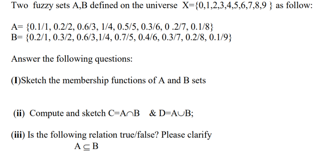 Solved Two fuzzy as follow sets A,B defined on the universe | Chegg.com