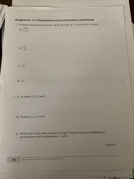 Assignment 1.2 Permutations and Combinations Total: | Chegg.com