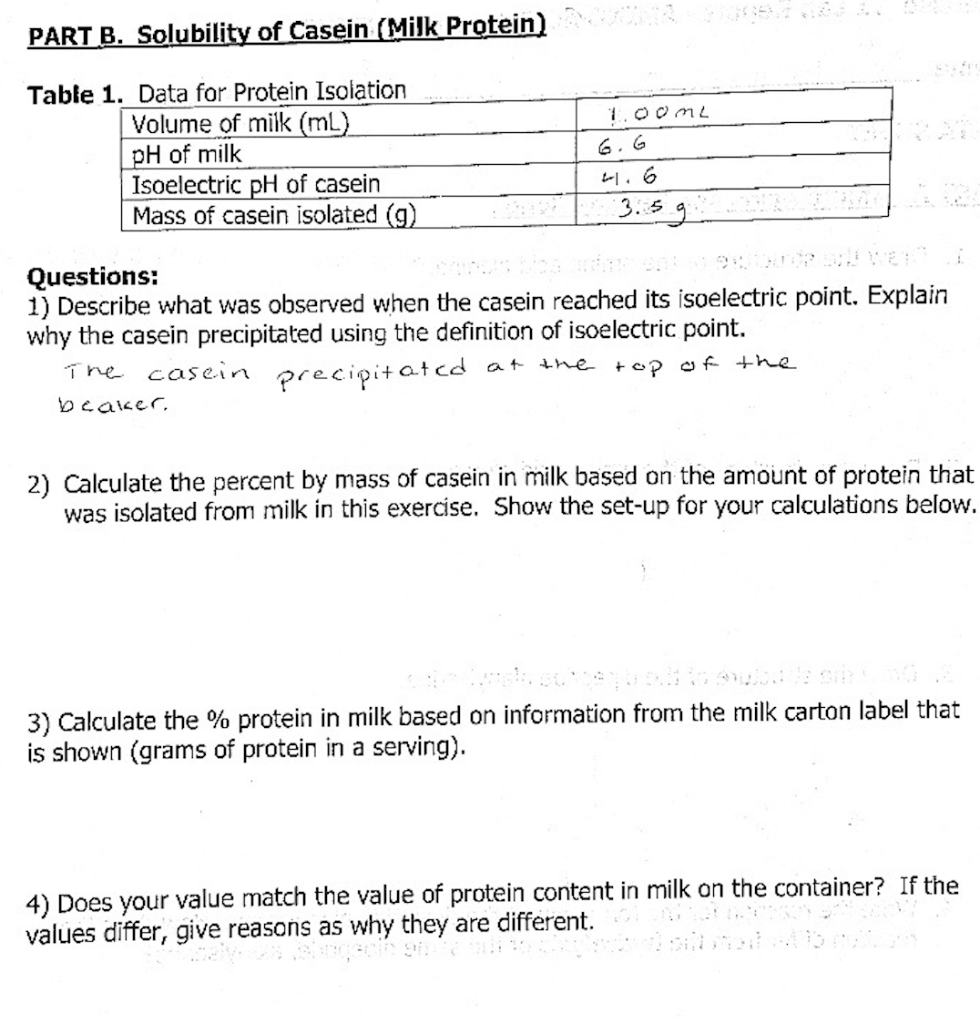 Solved PART B. Solubility of Casein (Milk Protein) TooL | Chegg.com