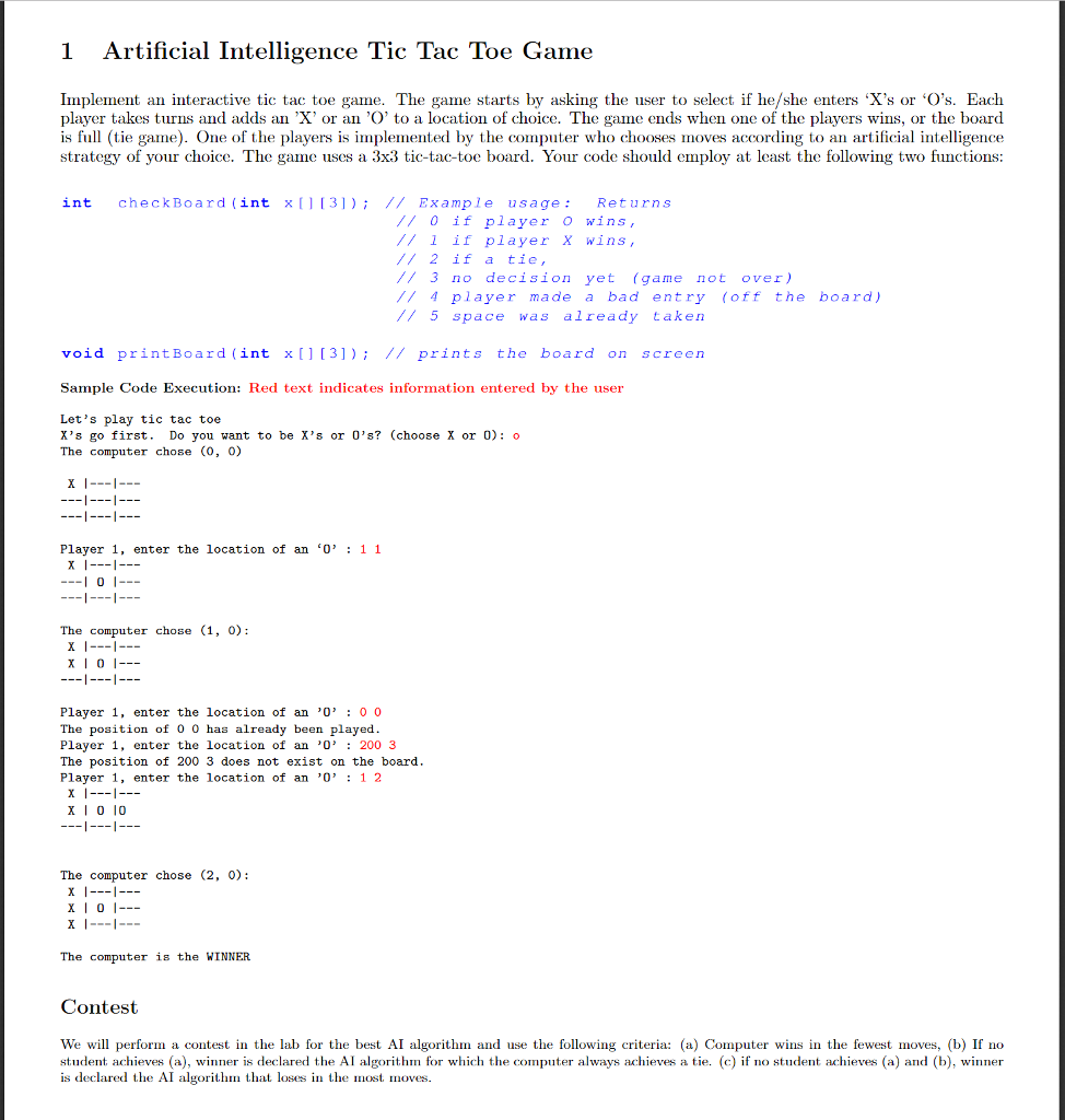 Solved 1 Artificial Intelligence Tic Tac Toe Game Implement | Chegg.com