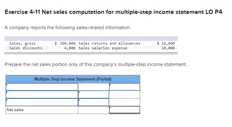 Solved Exercise 4-11 Net sales computation for multiple-step | Chegg.com