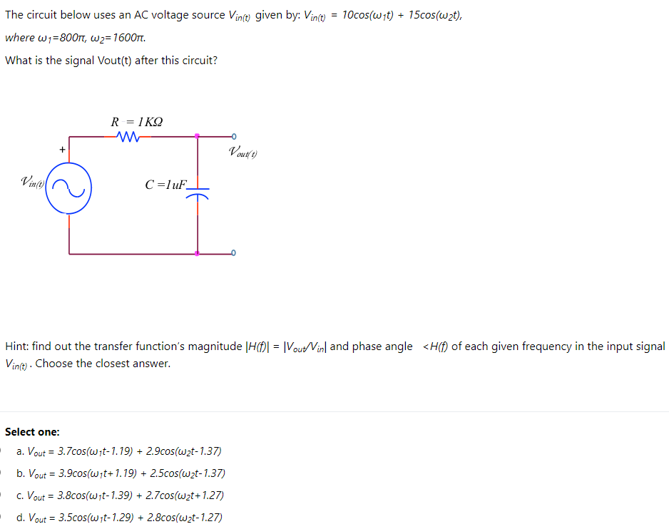 Solved = 10cos(wit) + 15cos(wat), The circuit below uses an | Chegg.com