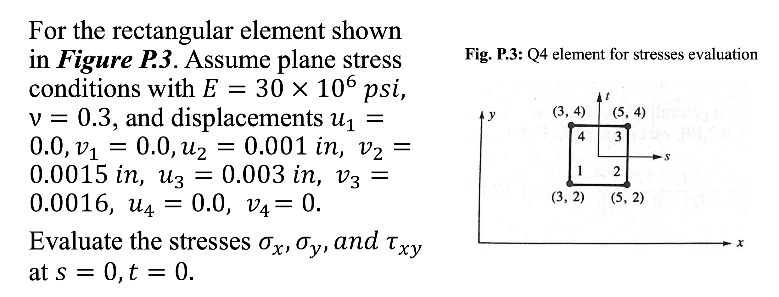 Solved Fig. P.3: Q4 element for stresses evaluation (3, 4) у | Chegg.com