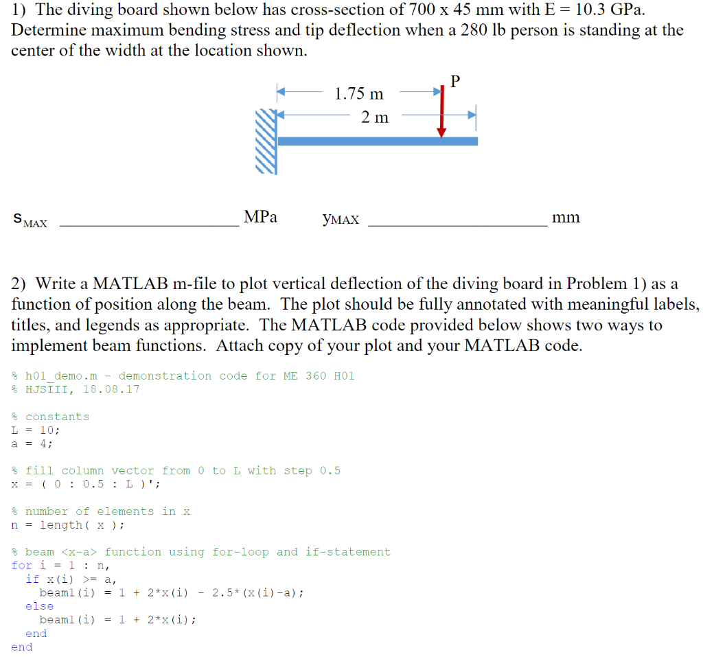 Solved 1) The diving board shown below has cross-section of | Chegg.com