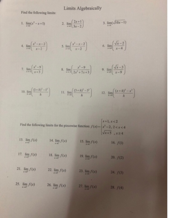 Solved Limits Algebraically Find the following limits 2, | Chegg.com