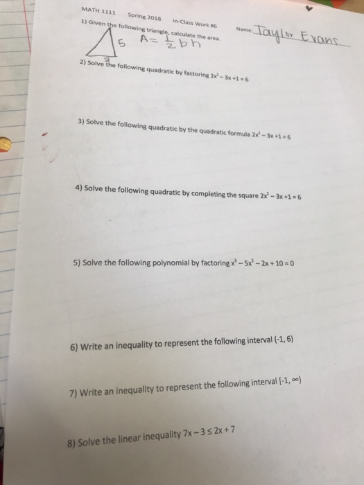 Solved Math 1111 Spring 2018 In Class Work 6 1 Given The