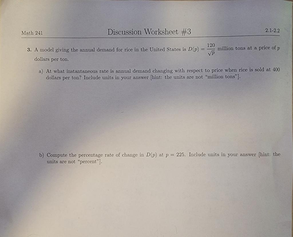 Solved 2.1-2.2 Math 241 Discussion Worksheet #3 3. A model | Chegg.com